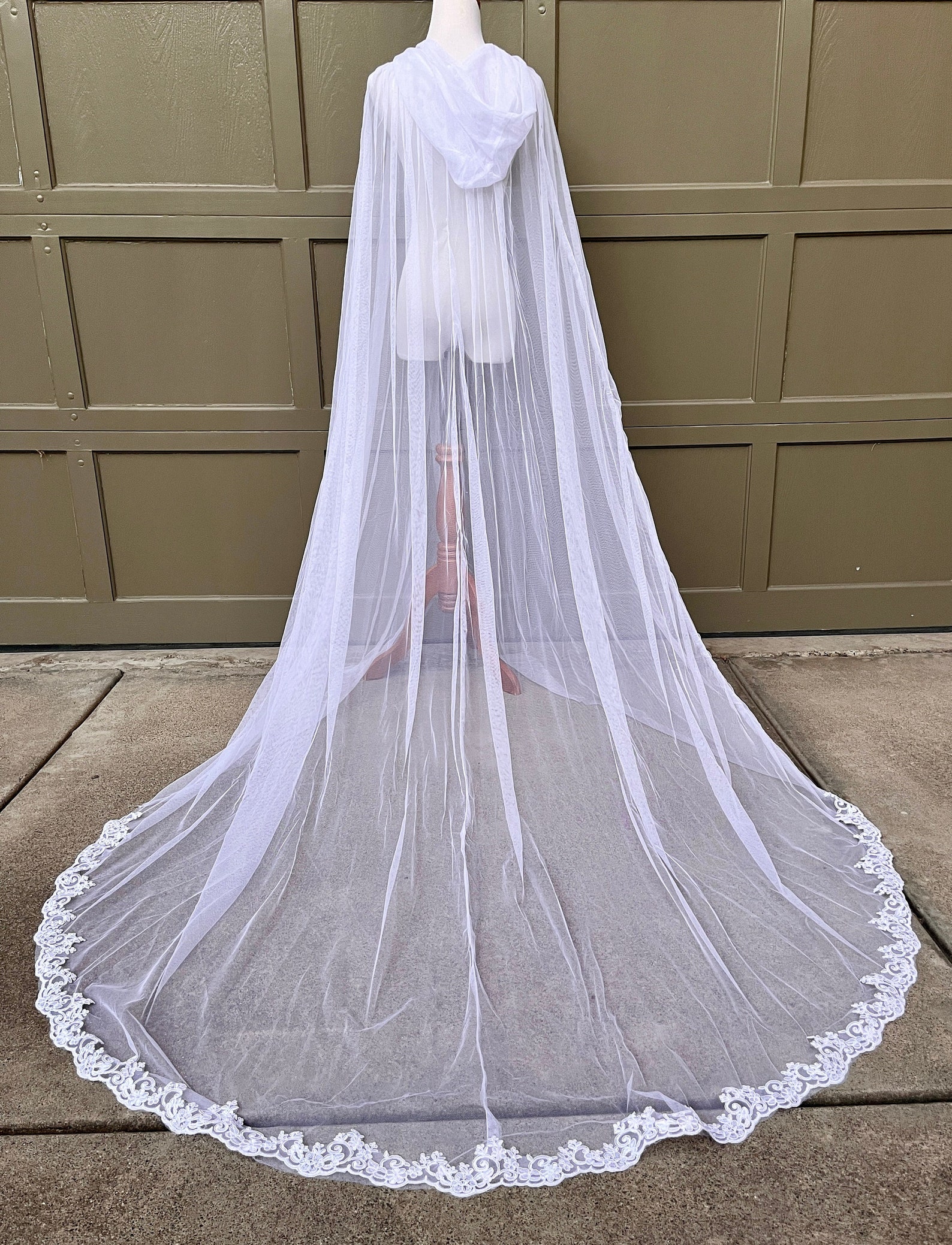 White English Net Wedding Cape With Hood 85 Inch Cathedral Length Lace ...