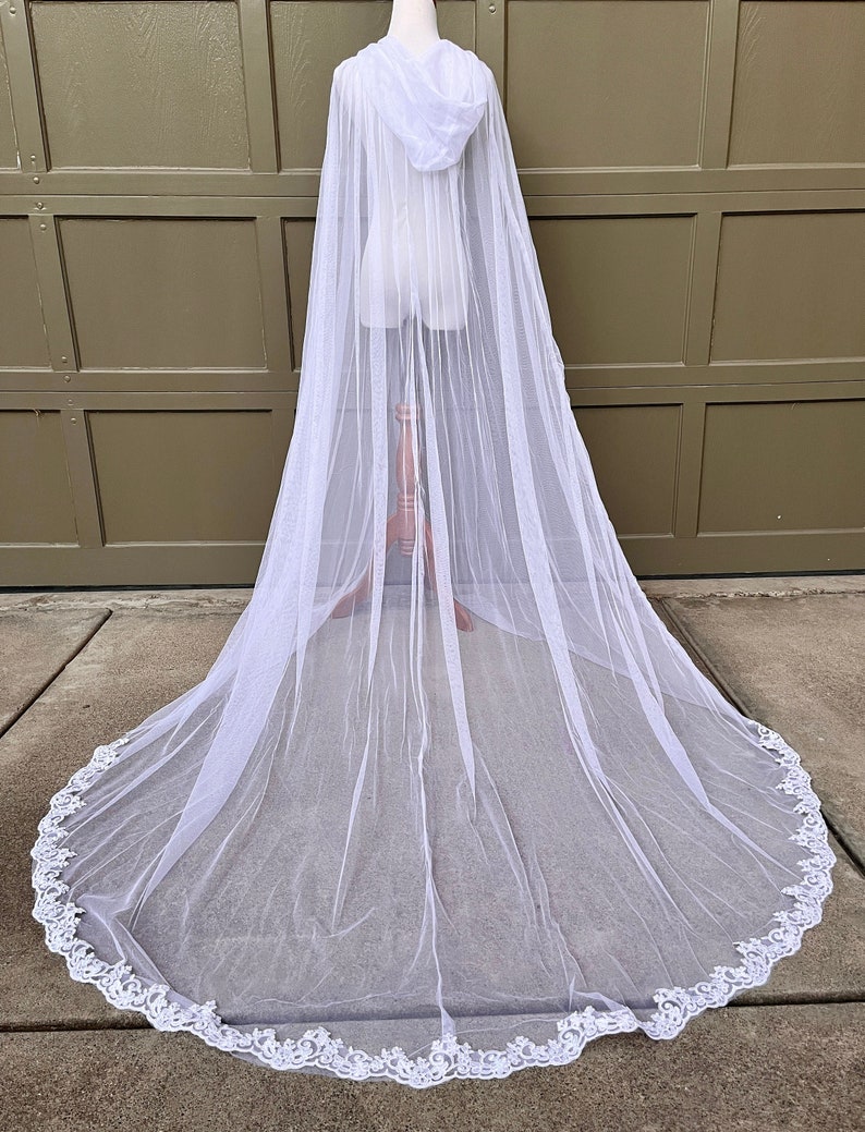 White English Net Wedding Cape With Hood 85 Inch Cathedral Length Lace ...