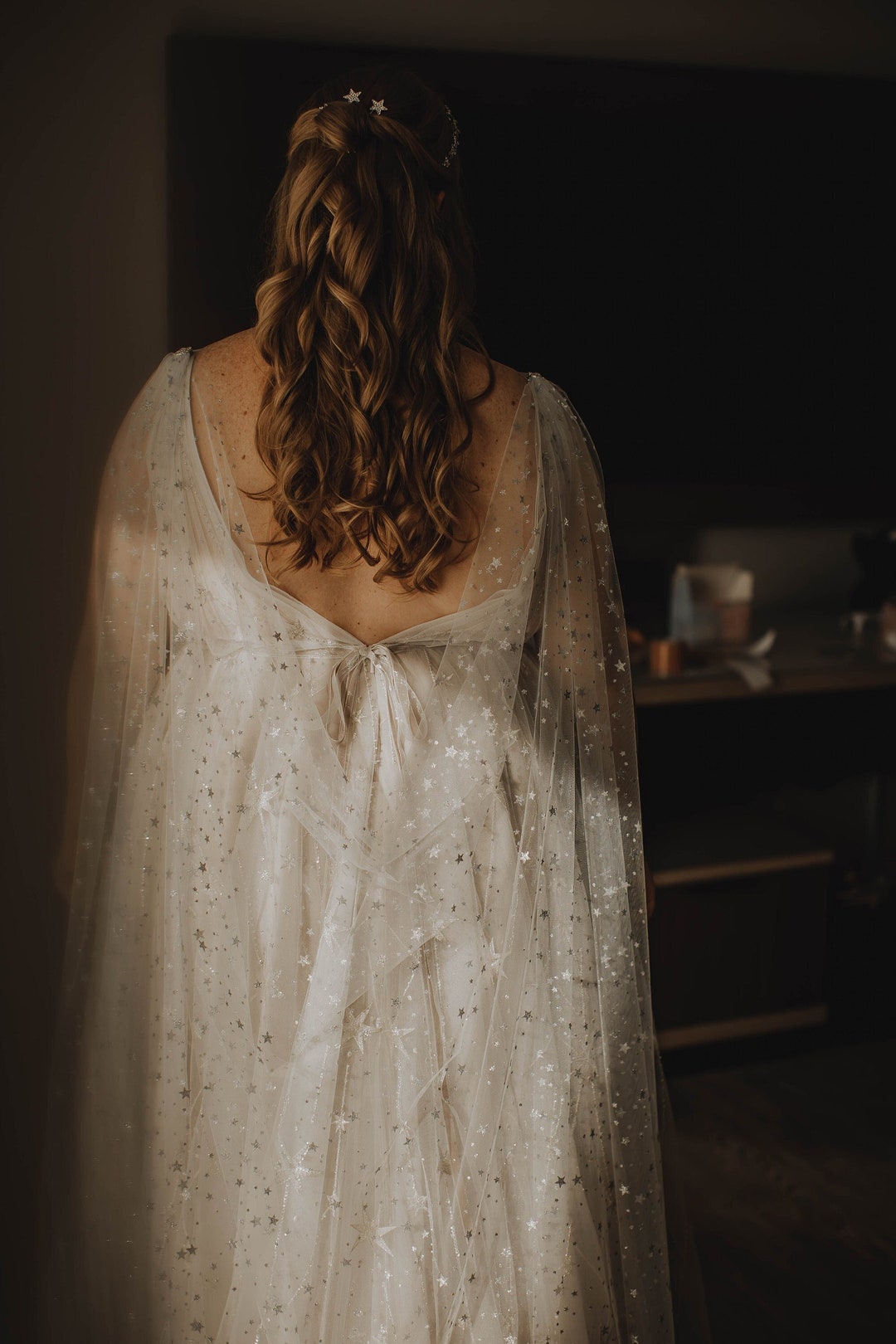 Silver Star Goddess Draped Cape Veil, Floor Length Bridal Cape Silver ...