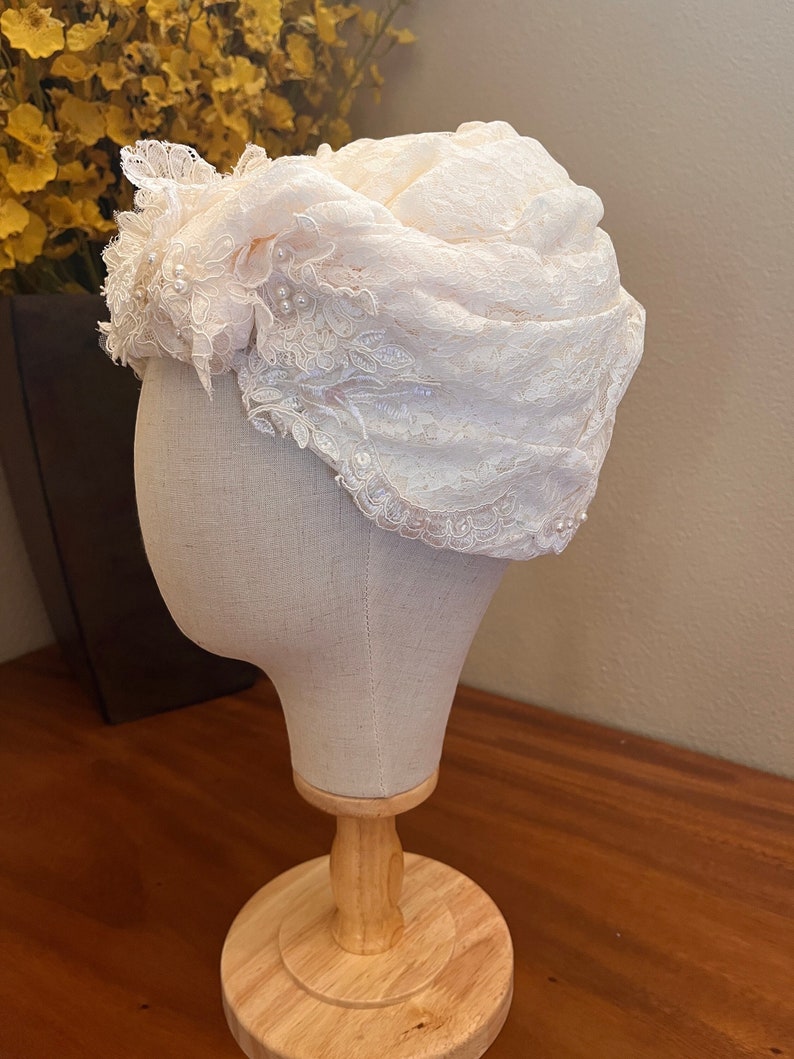 Ivory Pearl Bridal Turban Antique Lace Beaded Hat for Muslim - Etsy