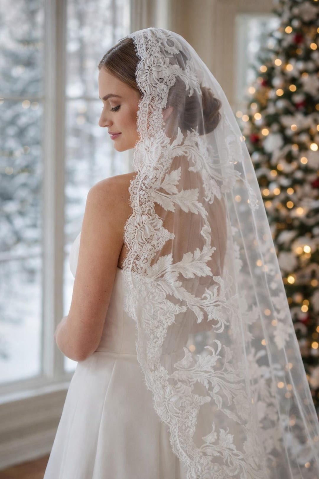 Art Nouveau Mantilla Lace Veil | Light Ivory Catholic Bridal Veil With ...