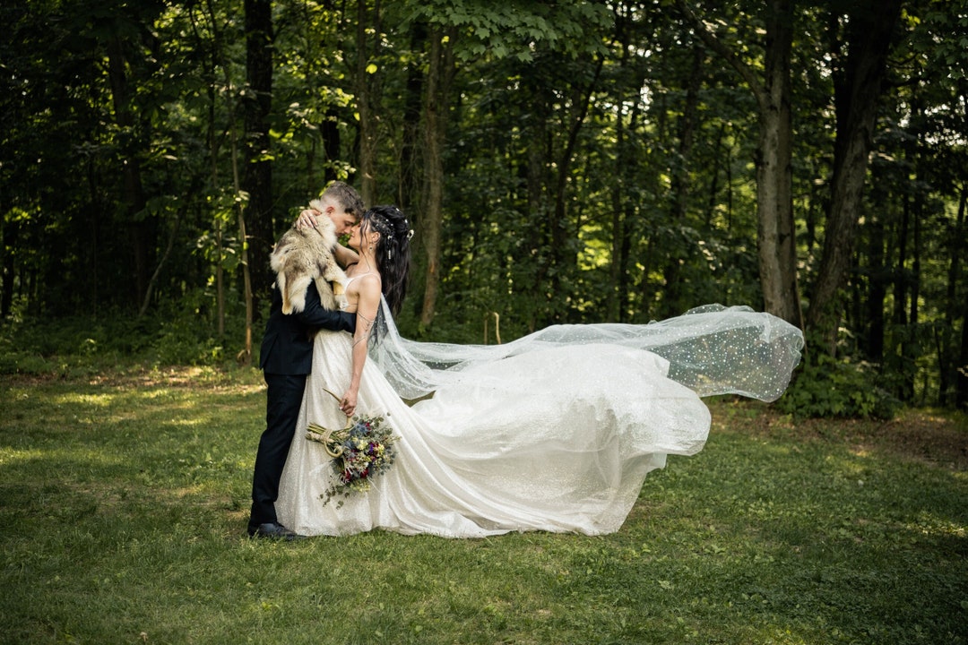 Norse Wedding Cape Veil, Silver Viking Draped Bridal Cloak, Star Floor ...