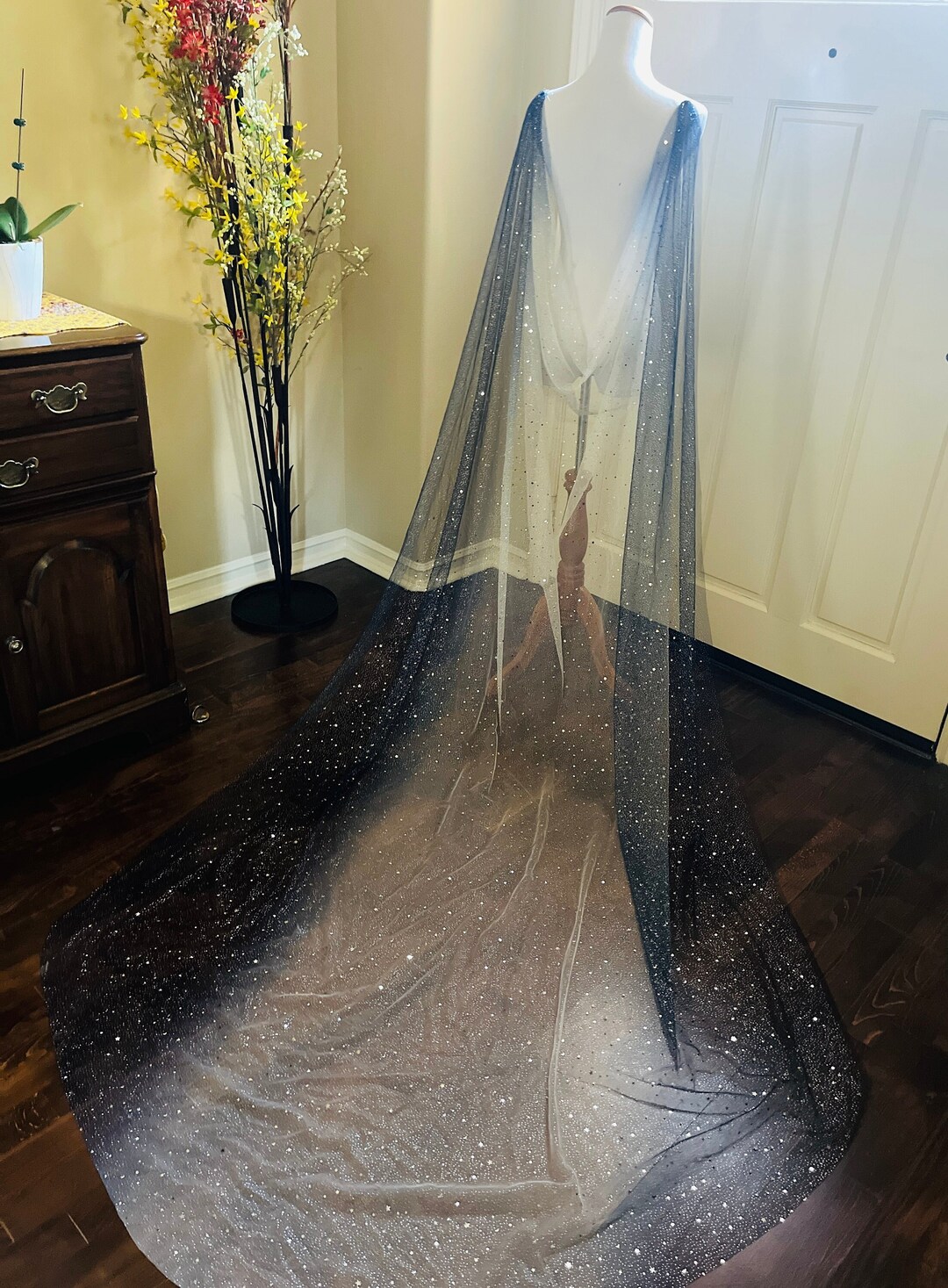 Blue Ombré Sparkly Wedding Cape Veil, Navy Blue Draped Shoulder Veil ...