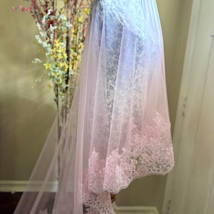 Blush Pink Cathedral Drop Wedding Veil With French Lace Trim, Drop Two ...