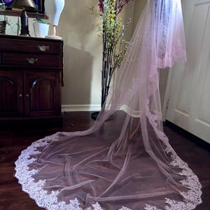 Blush Pink Cathedral Drop Wedding Veil With French Lace Trim, Drop Two ...