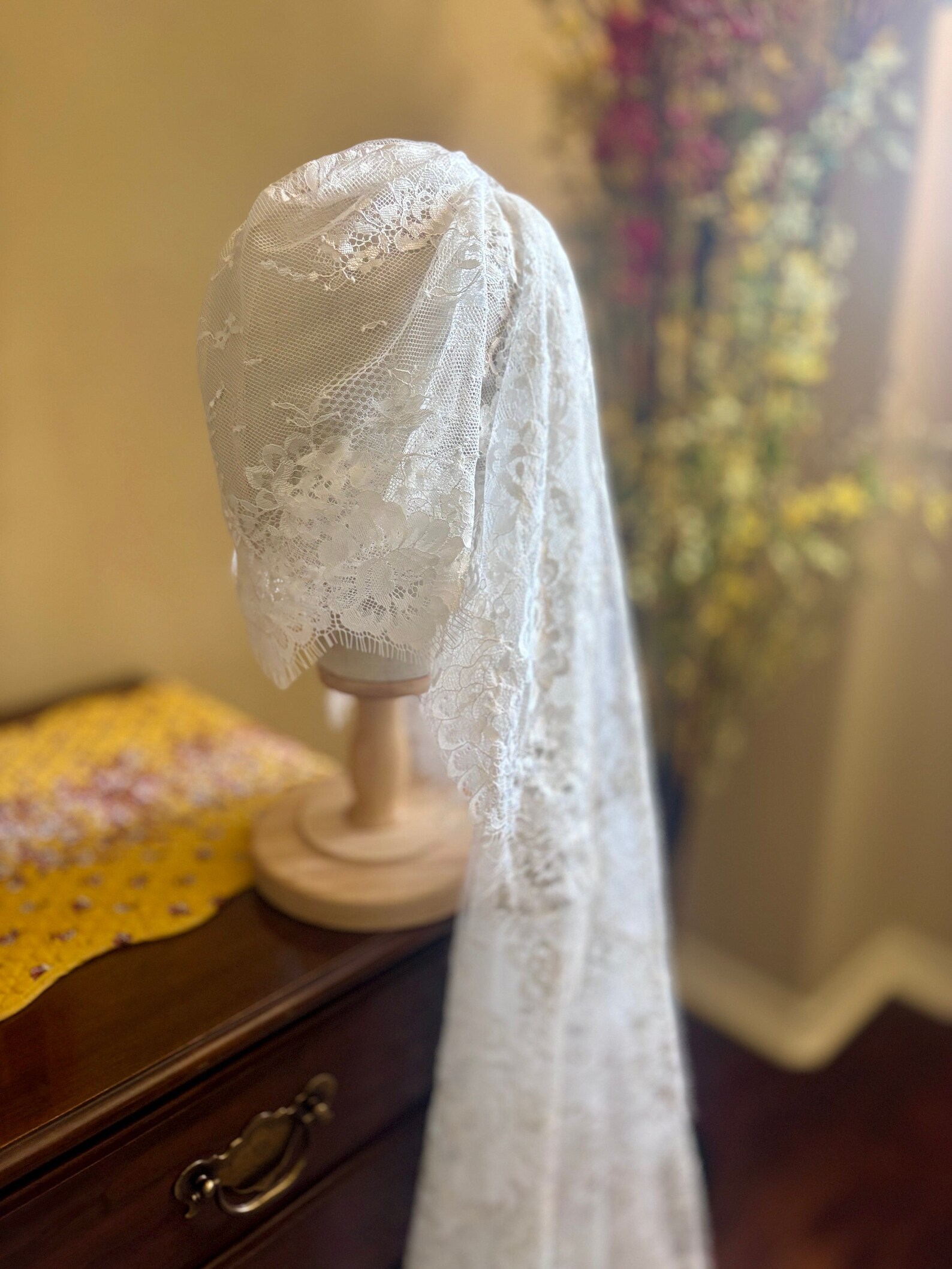 White Floor Length Soft French Lace Mantilla Wedding Veil + Short Chin ...