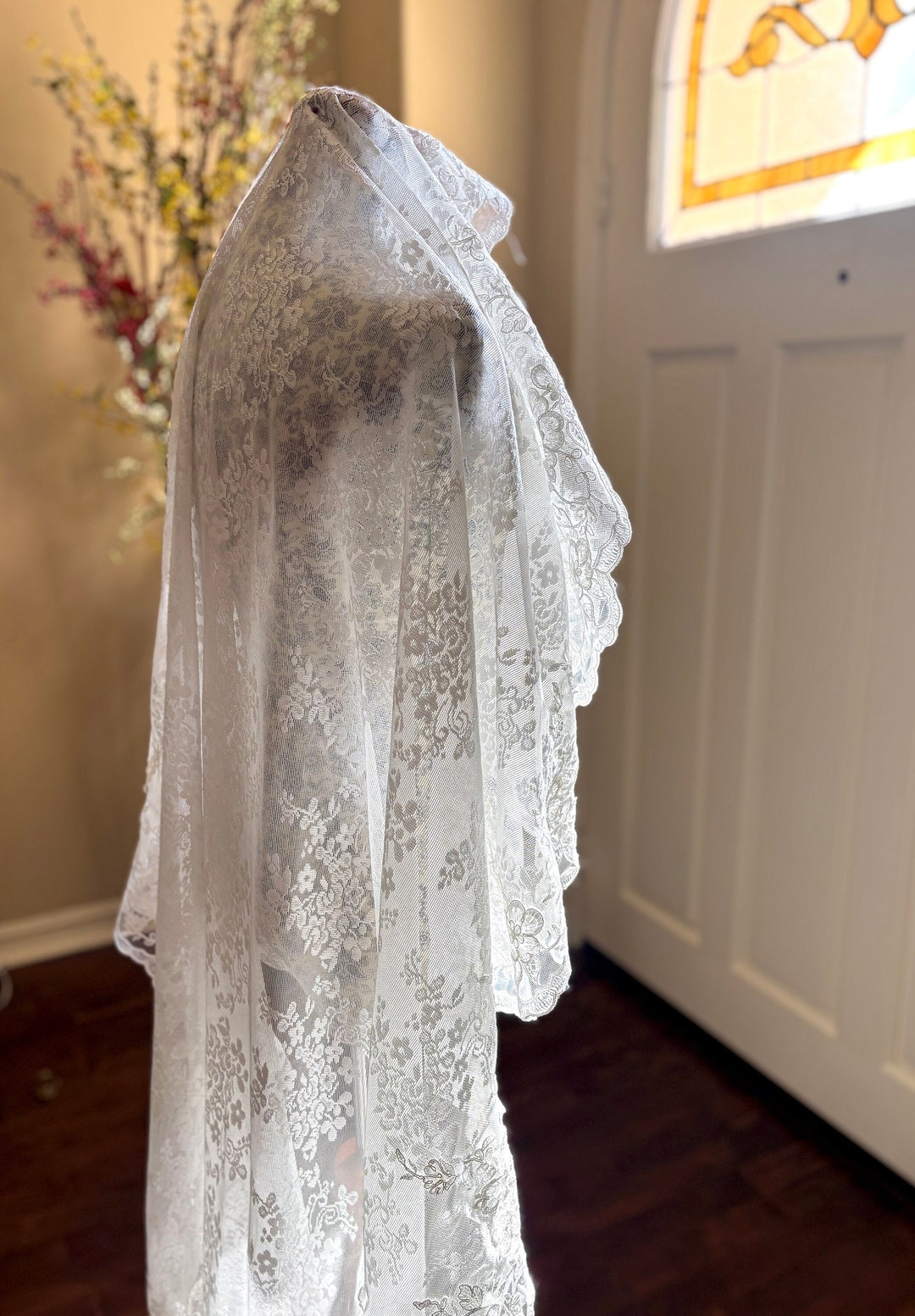 Ankle Length Extra Wide French Lace Mantilla Wedding Veil, Walking Veil ...
