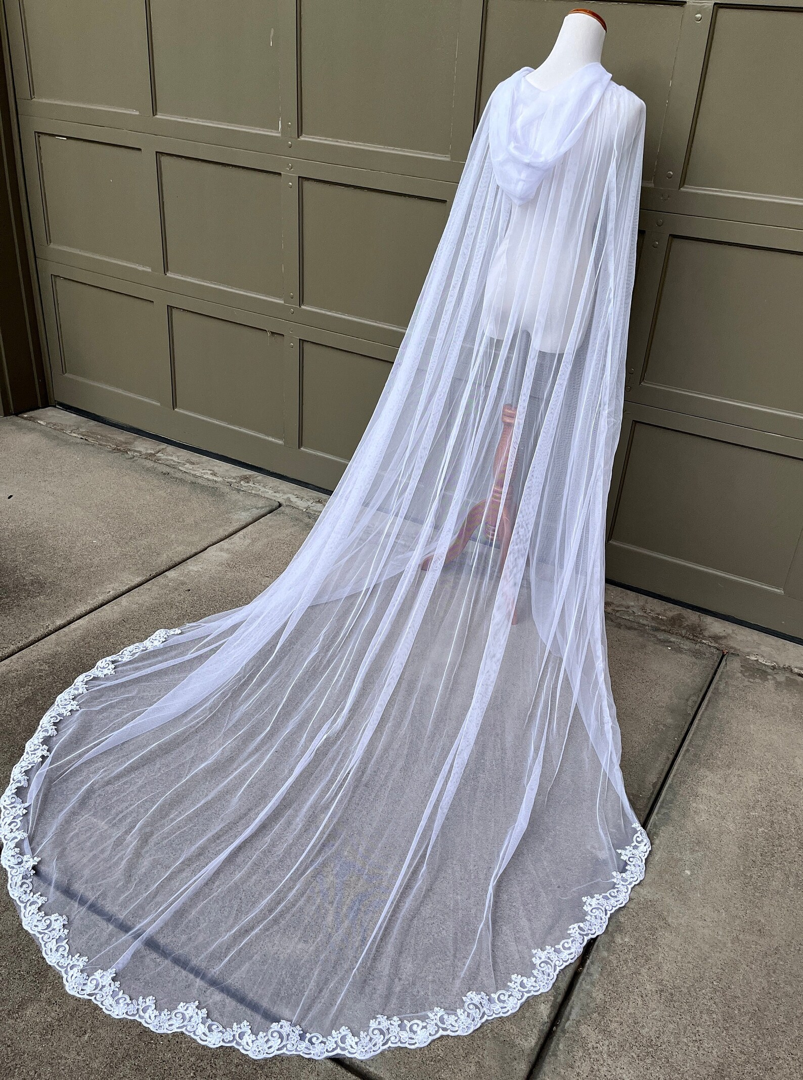 White English Net Wedding Cape With Hood 85 Inch Cathedral Length Lace ...