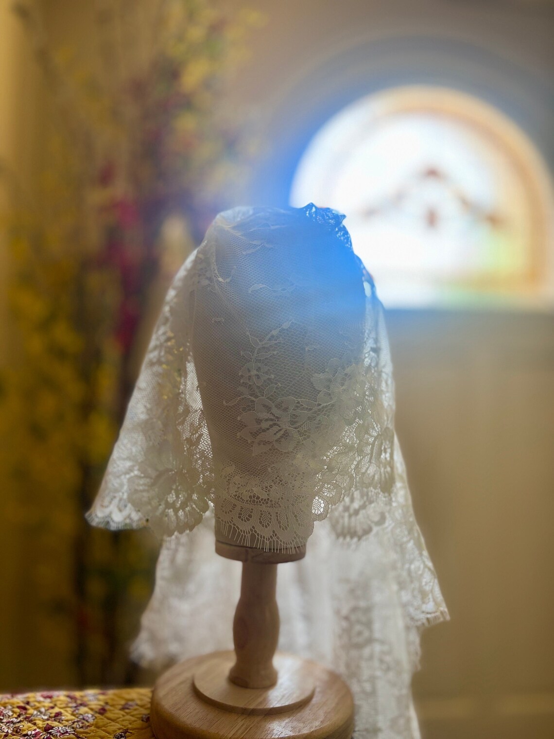 White Floor Length Soft French Lace Mantilla Wedding Veil + Short Chin ...