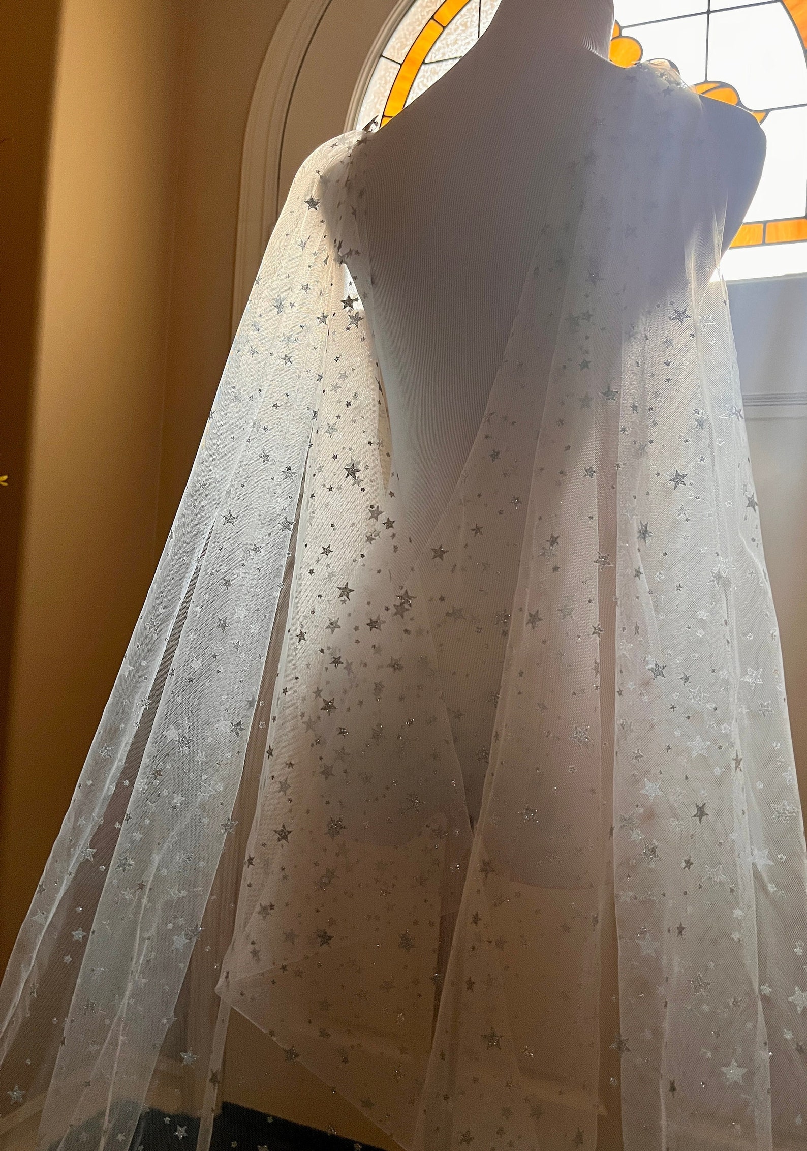 Viking Wedding Cape Veil, Silver Star Draped Bridal Cloak, Sparkly ...
