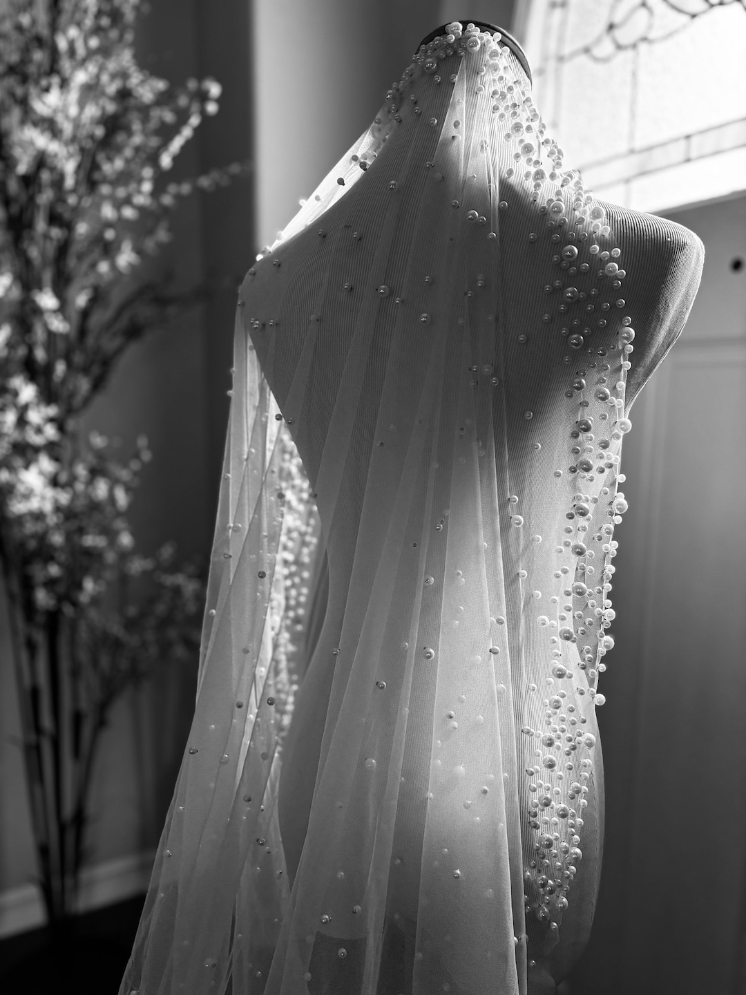 Pearl Mantilla Cathedral Wedding Veil, Cathedral Length Light Ivory ...