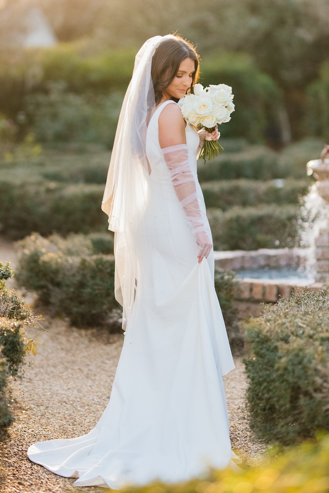 Cascade Knee Length Wedding Veil With Pearls, Beaded Waterfall Bridal ...