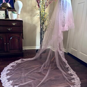 Blush Pink Cathedral Drop Wedding Veil With French Lace Trim, Drop Two ...