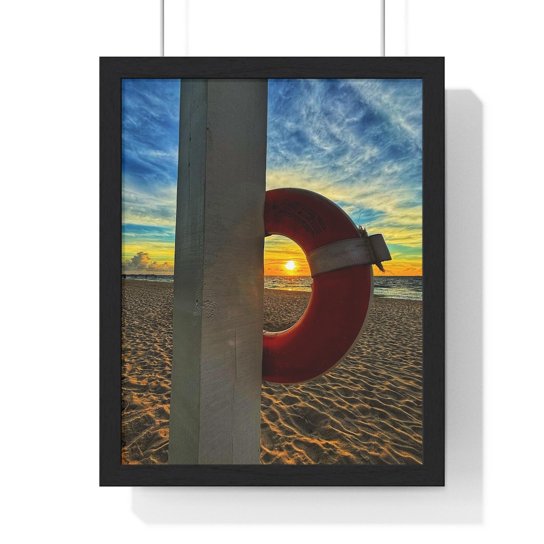 Life Saver on Beach Sunrise Vertical Framed Poster | Beach Seascape ...