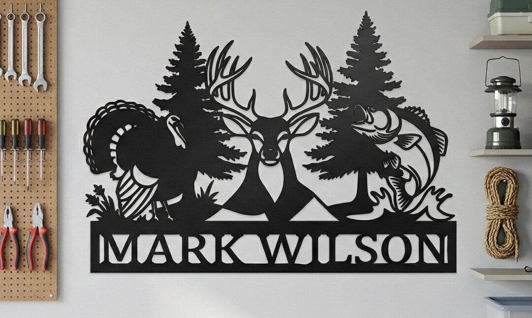 Personalized Hunting Name Sign, Custom Deer Turkey & Fish Metal Wall ...