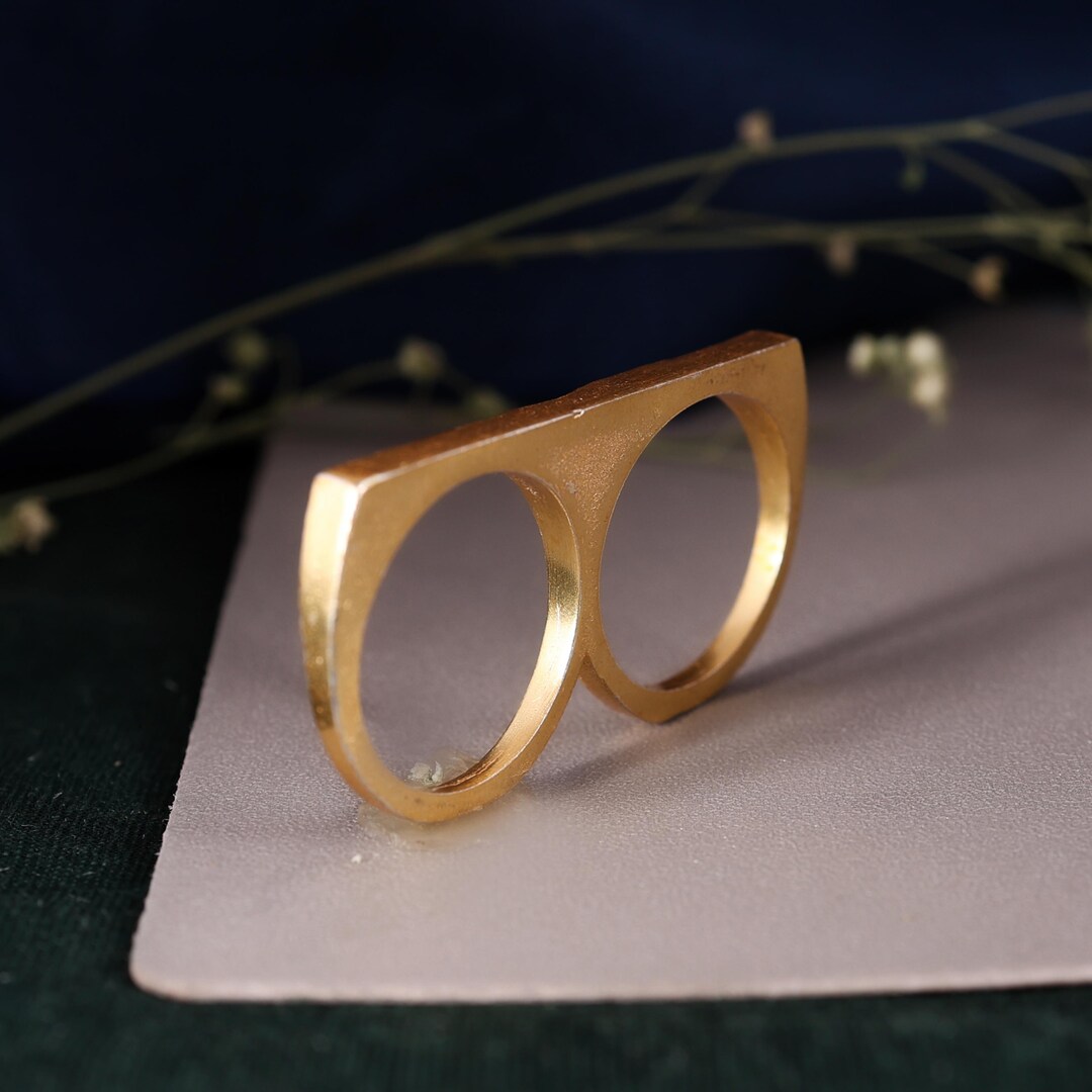 Handmade Gold Tone Brass Double Finger Ring, Geometric Statement ...