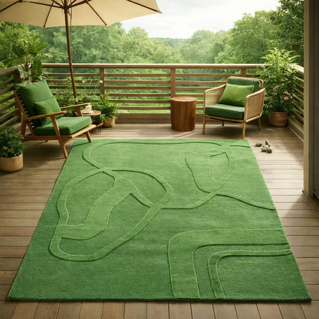 Green Abstract Outdoor Rug Modern Balcony Rug Organic Shape Patio ...
