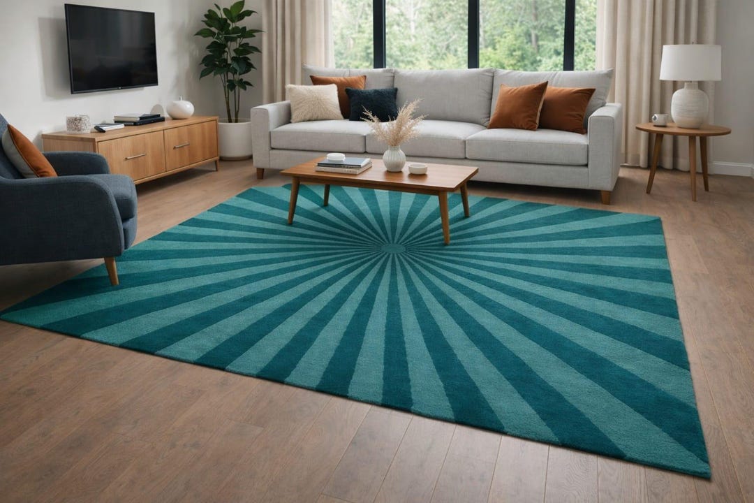 Teal Sunburst Area Rug Modern Geometric Rectangle Rug Mid Century Room ...