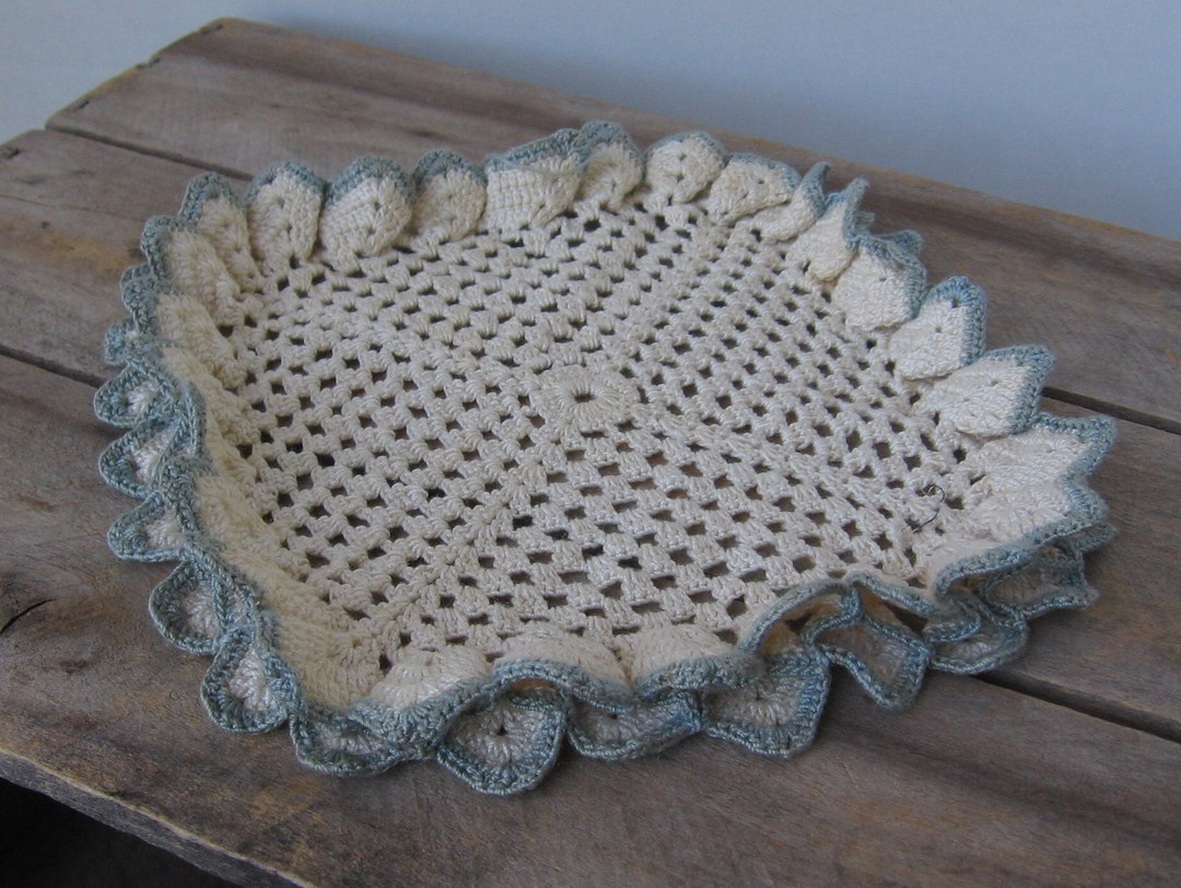 Ruffled Edge Doily in Sage Green and Beige, 8 Inch Square Crochet ...