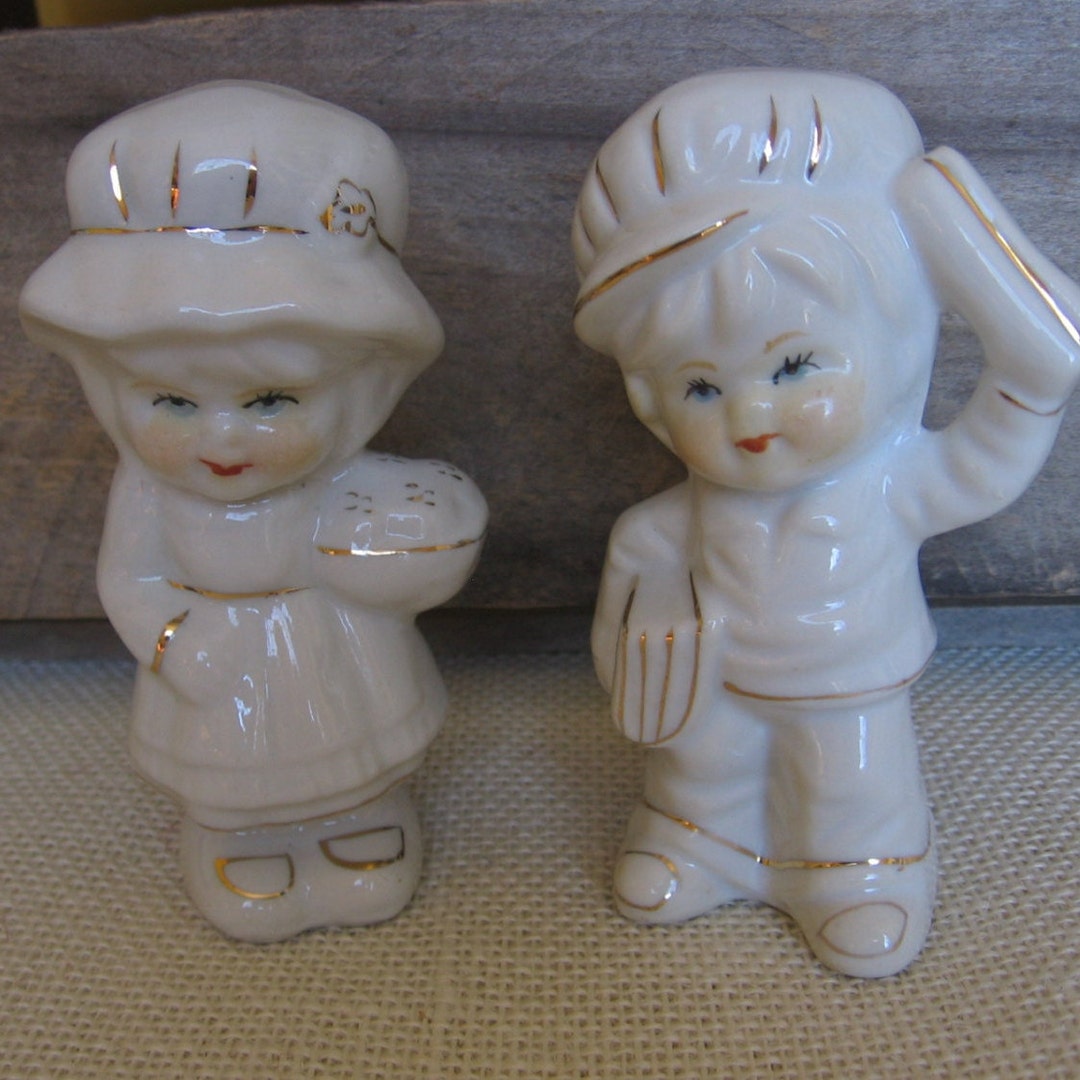 White Ceramic Boy Girl Figurines, Paper Boy and Baker Girl, Gold ...