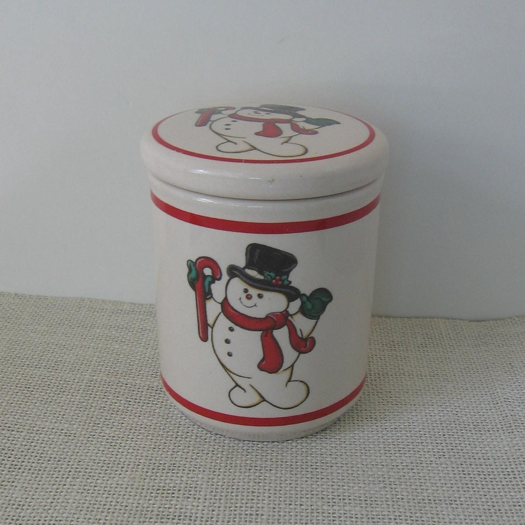 Small Ceramic Christmas Canister Cute Holiday Snowman, 4 1/2 Inch Tall ...