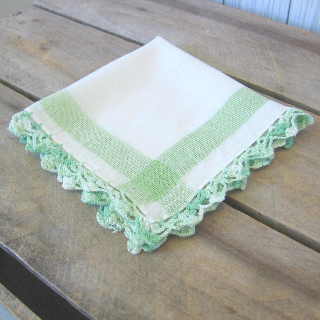 Green Open Weave Handkerchief With Tatted Trim: Linen Blend Pocket ...