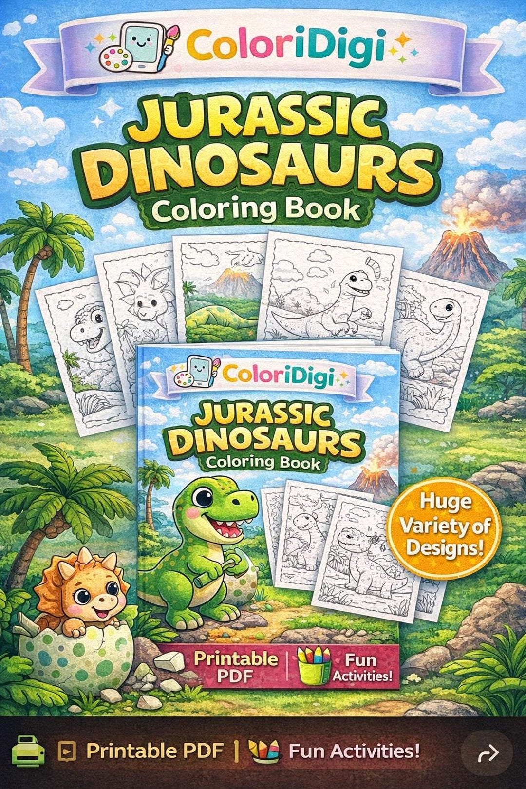 Dinosaur Coloring Book – Printable Kids Activity Pages PDF - Etsy