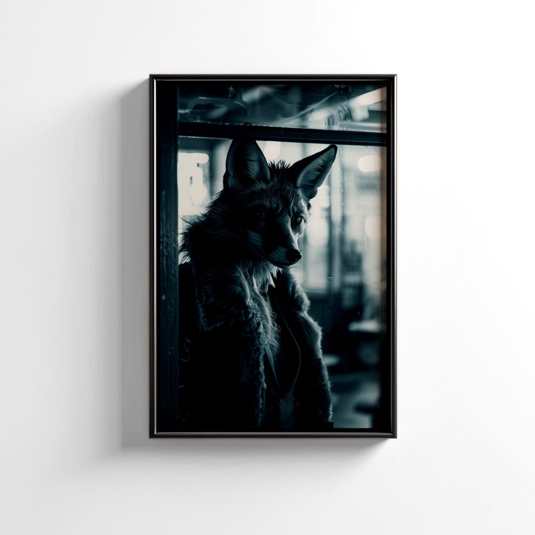 Mysterious Fox Wall Art | Dark Noir Animal Portrait | Blue Monochrome ...