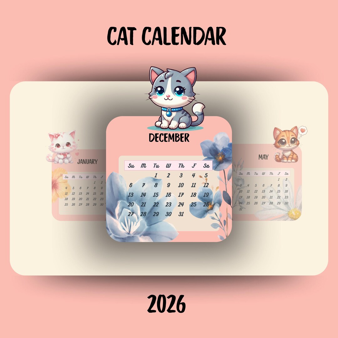 Cute Cat Calendar 2026 - Hight-res PNG, Digital Download, Ready to ...