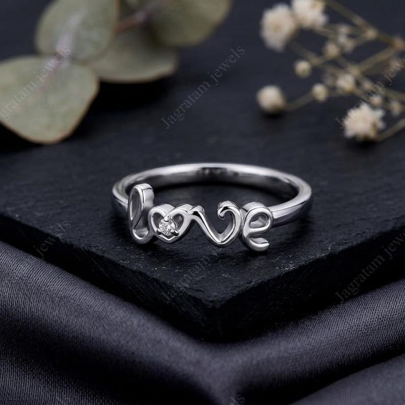 925 Sterling Silver Love Diamond Ring | Script Love Ring With Diamond ...