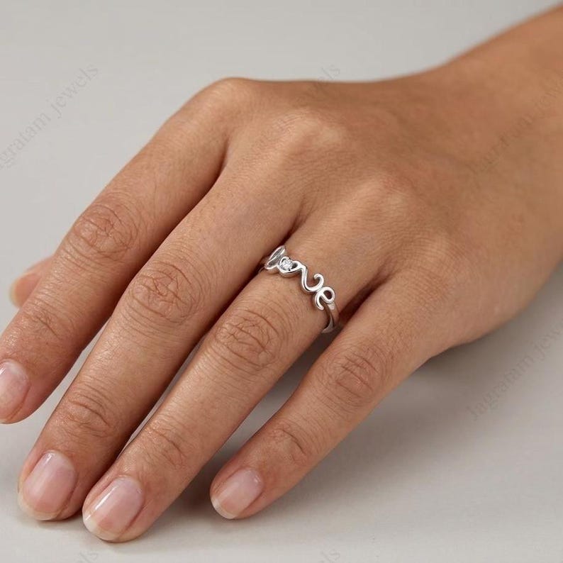 925 Sterling Silver Love Diamond Ring | Script Love Ring With Diamond ...