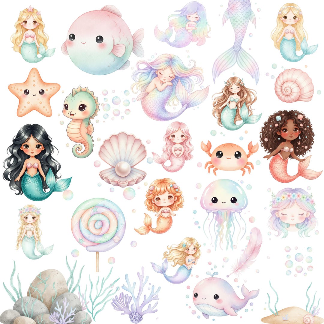 Watercolor Mermaid Clipart Bundle, Cute Mermaid PNG Set, Pastel Ocean ...