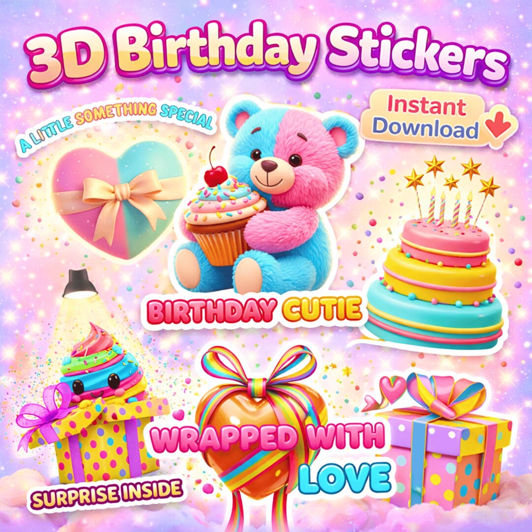 Birthday Stickers 3D Clipart Bundle, Cute Celebration Planner PNG, Kids ...