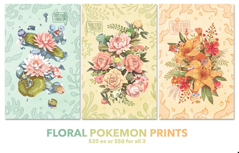 Floral Pokemon Prints Water Pokemon Grass Pokemon Fire | Etsy