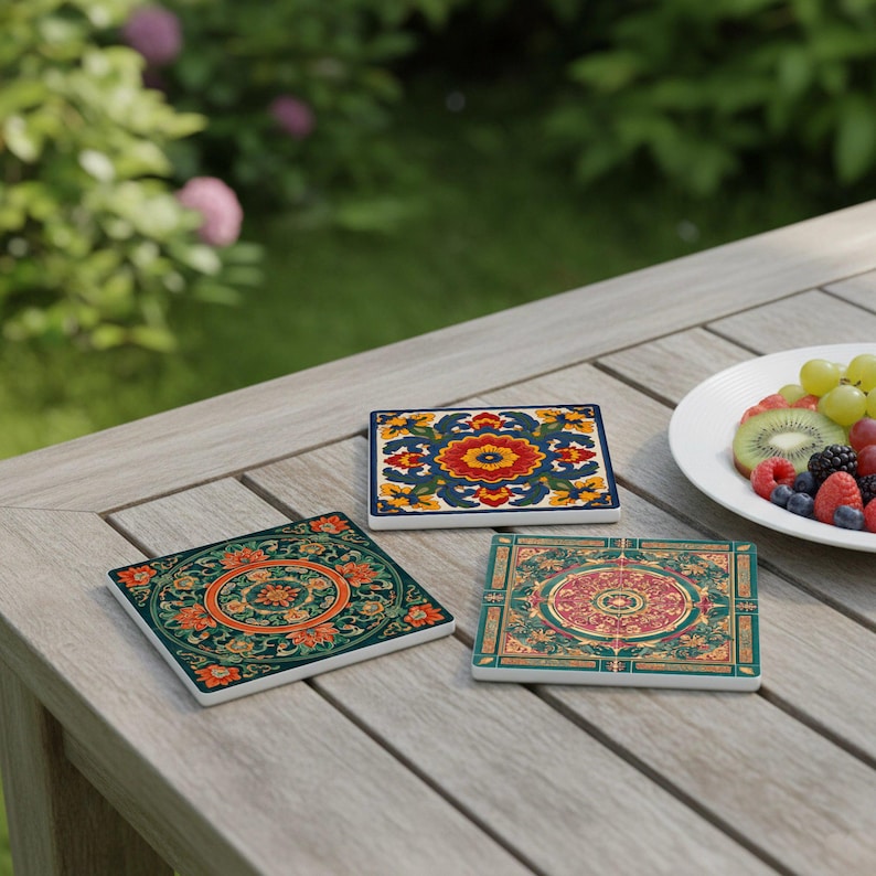 Indo-portuguese Floral Ceramic Tile Coasters – Colonial Tropical Floor ...