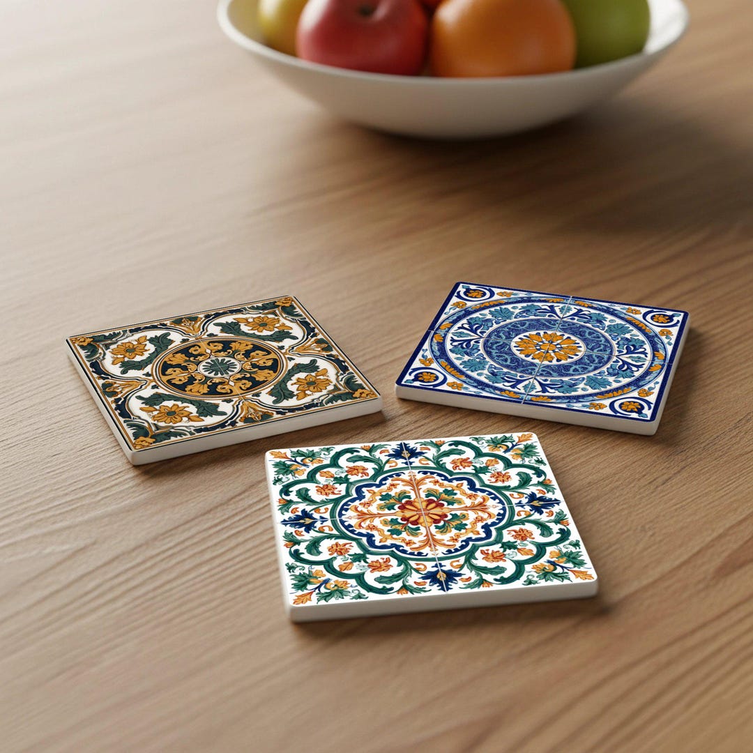 Mediterranean Tile Ceramic Coasters | Azulejo Style Coaster Set ...