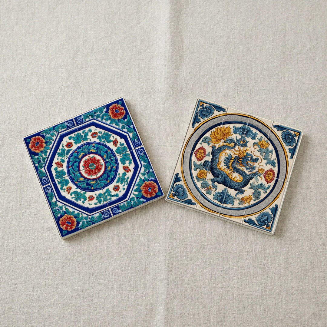 Chinese Ceramic Coaster Set – Imperial Tile Coasters for Table Decor ...