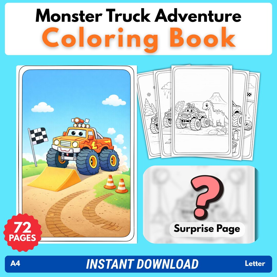 Monster Truck Adventure Coloring Book | Ages 3–5 | 60 Pages + 10 Bonus ...