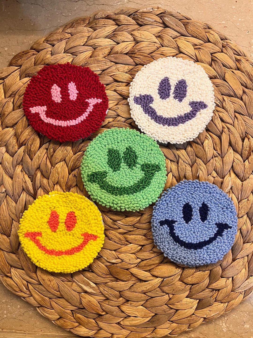 Smiley Face Punch Needle Coasters Set of 5 | Colorful Tufted Mug Rugs ...