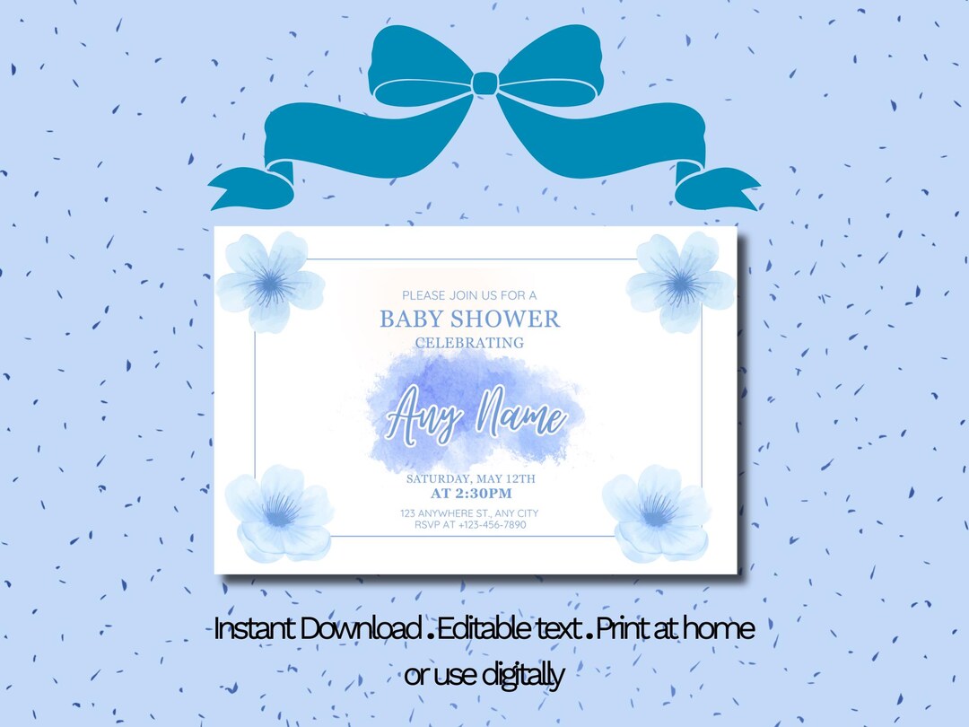 Editable Blue Baby Shower Invitation Template • Floral Watercolor Boy ...