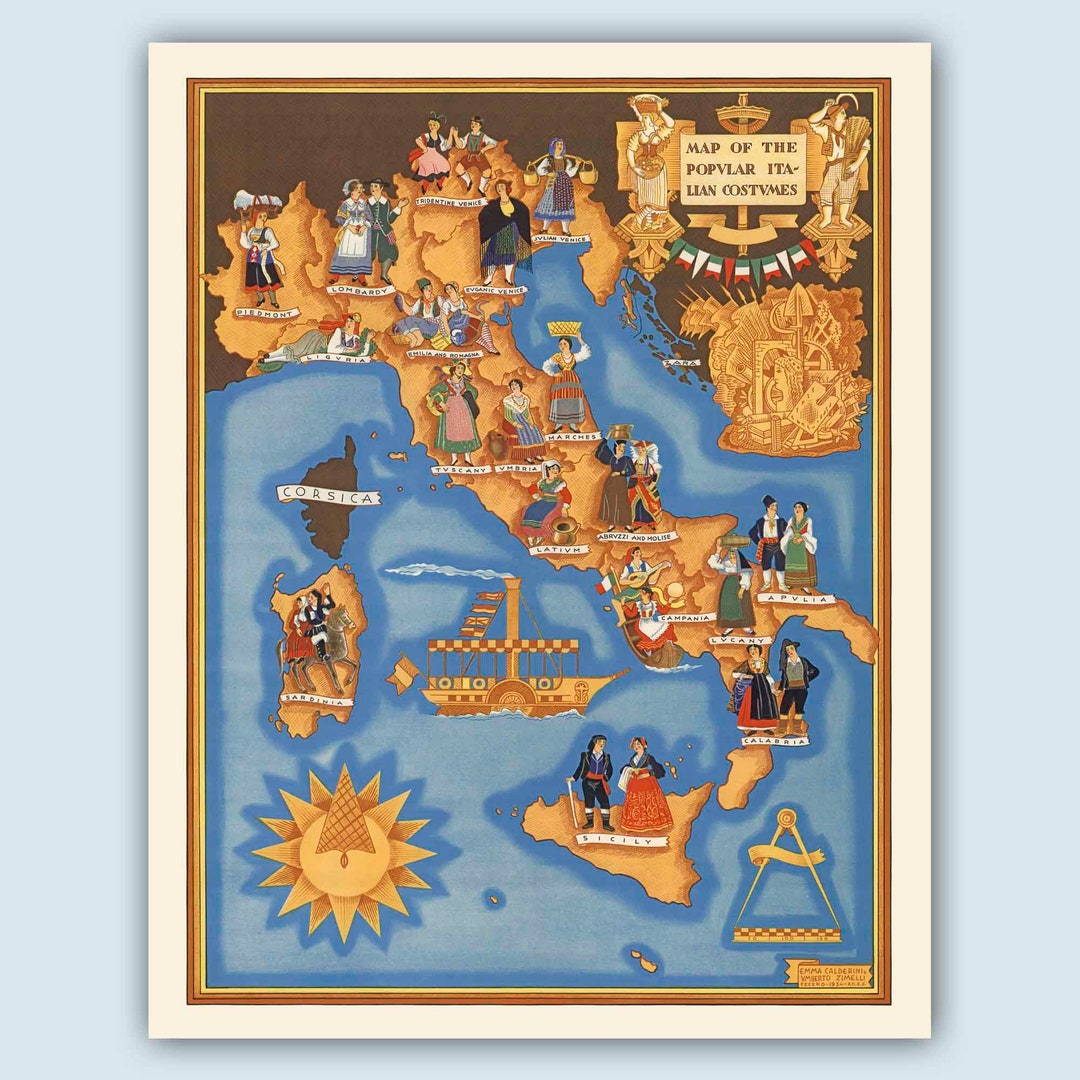 Italy Costumes Map, Italian Wall Decor, Italy Gift - Etsy