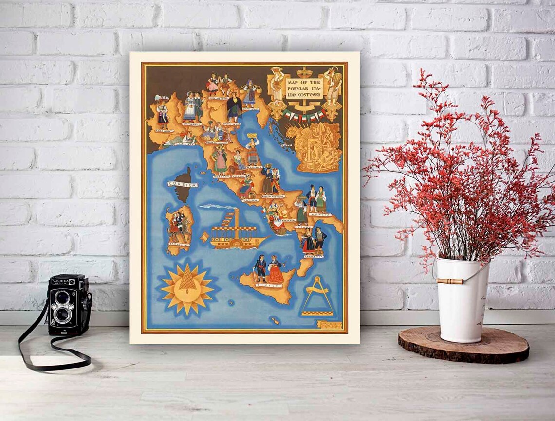 Italy Costumes Map, Italian Wall Decor, Italy Gift - Etsy