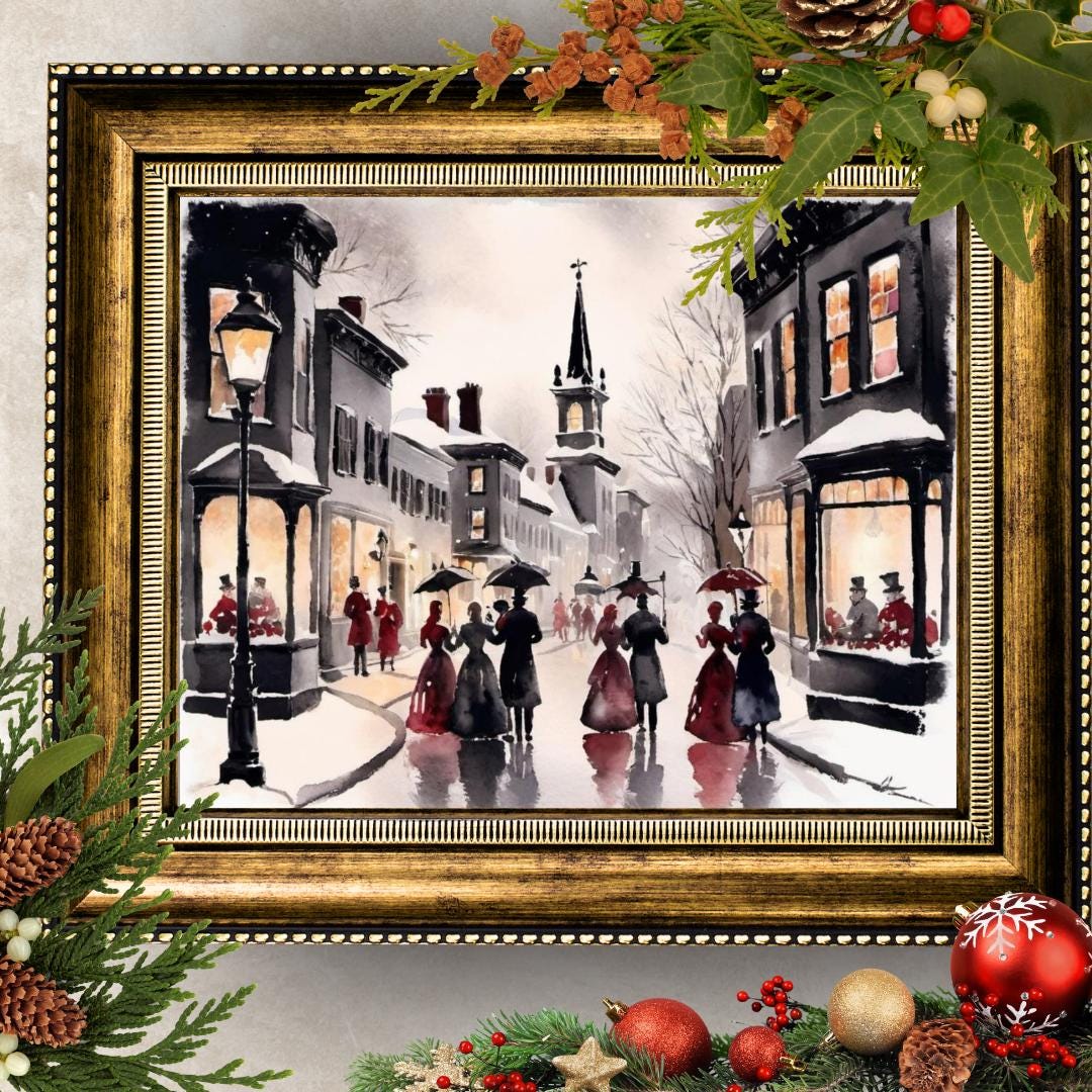 Charming Winter Street Scene in Watercolor Style - Christmas Themed ...