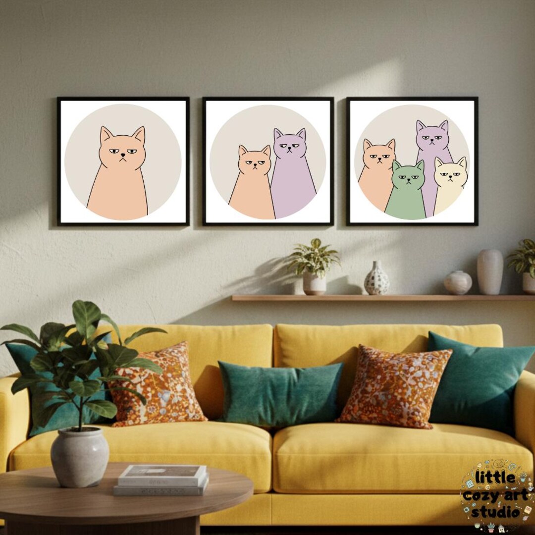Judgy Cat Art Print Set, Funny Minimalist Illustration (digital ...
