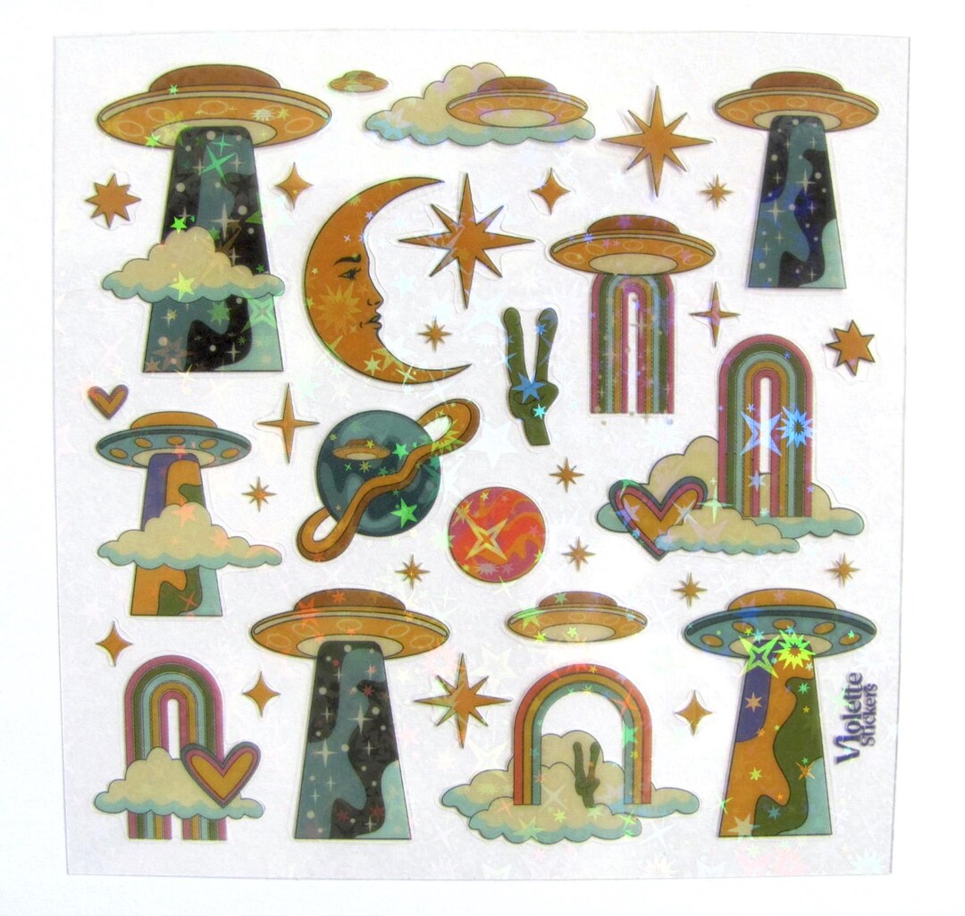 UFO Sparkly Sticker Sheet - Alien Spaceship Holographic U.F.O. Crescent ...