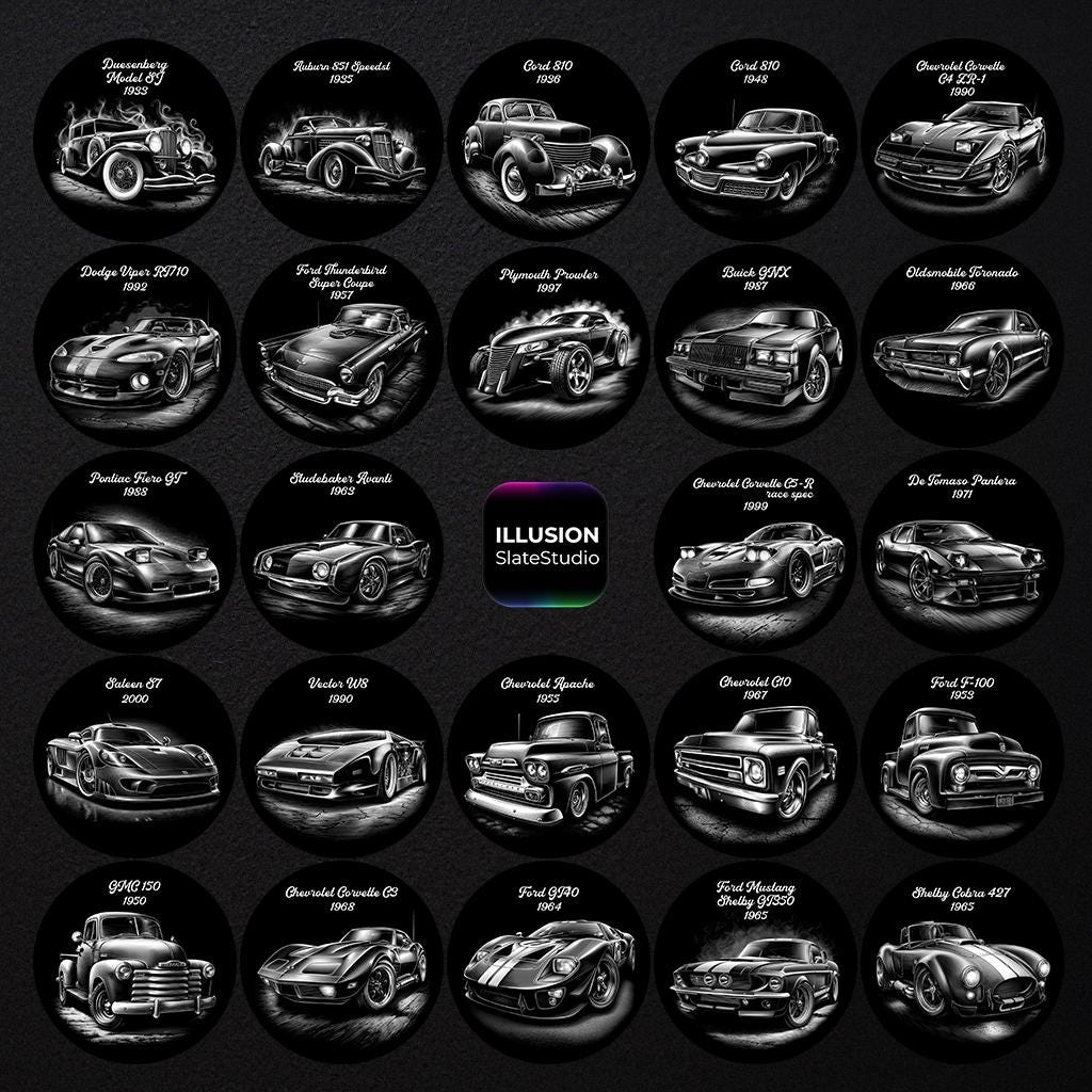 Retro & Classic Cars Laser Engraving PNG Bundle Vintage American Cars ...