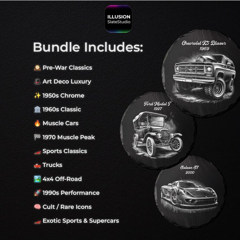 Retro & Classic Cars Laser Engraving PNG Bundle Vintage American Cars ...