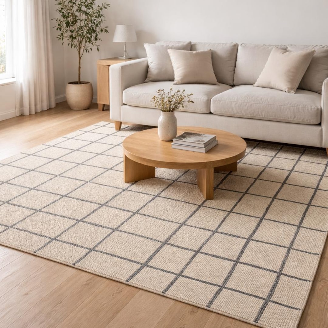 Minimalist Windowpane Rug, Cream and Black Grid Pattern Carpet, Modern ...