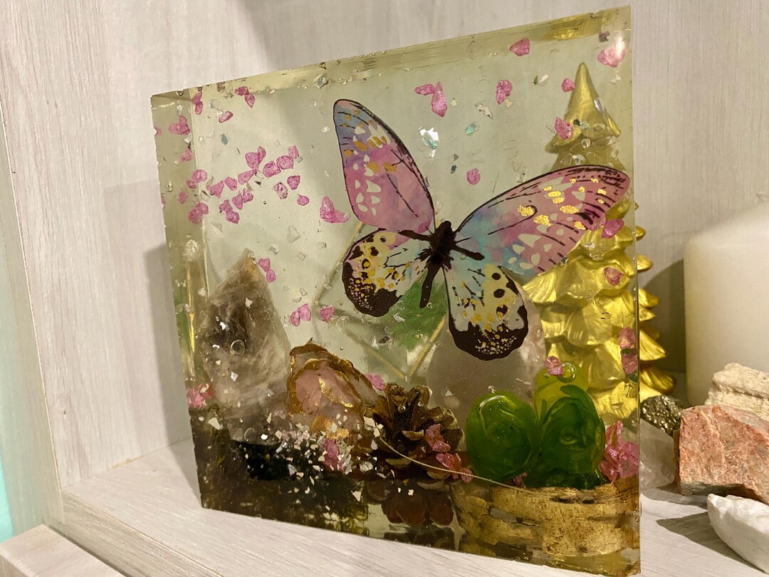 Enchanted Butterfly Resin Art Block W/ Quartz & Botanical Details ...