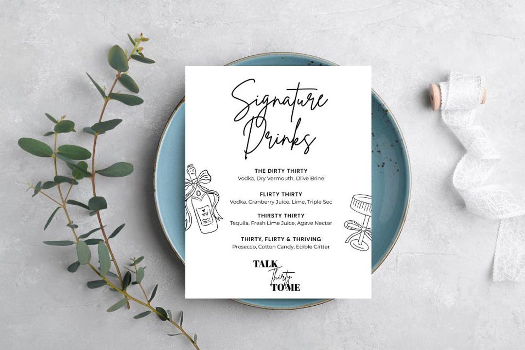 Talk Thirty to Me Bar Menu, Coquette 30th Birthday Signature Drinks ...